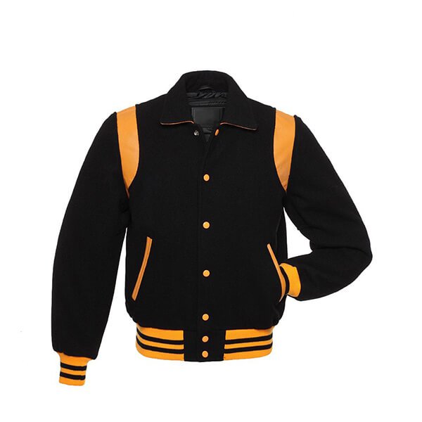Black Wool Varsity Jacket With yellow Shoulder Inserts – MARA Leather